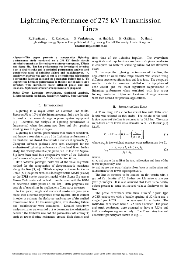 (PDF) Lightning performance of 275 kV transmission lines