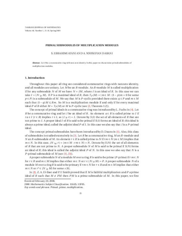 (PDF) Primal submodules of mul- tiplication modules