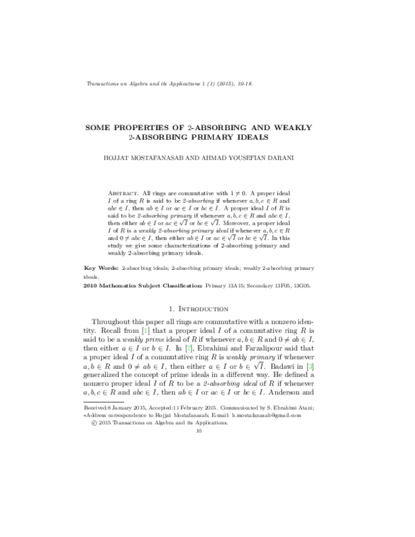 (PDF) Some Properties of 2-ABSORBING and Weakly 2-ABSORBING Primary Ideals