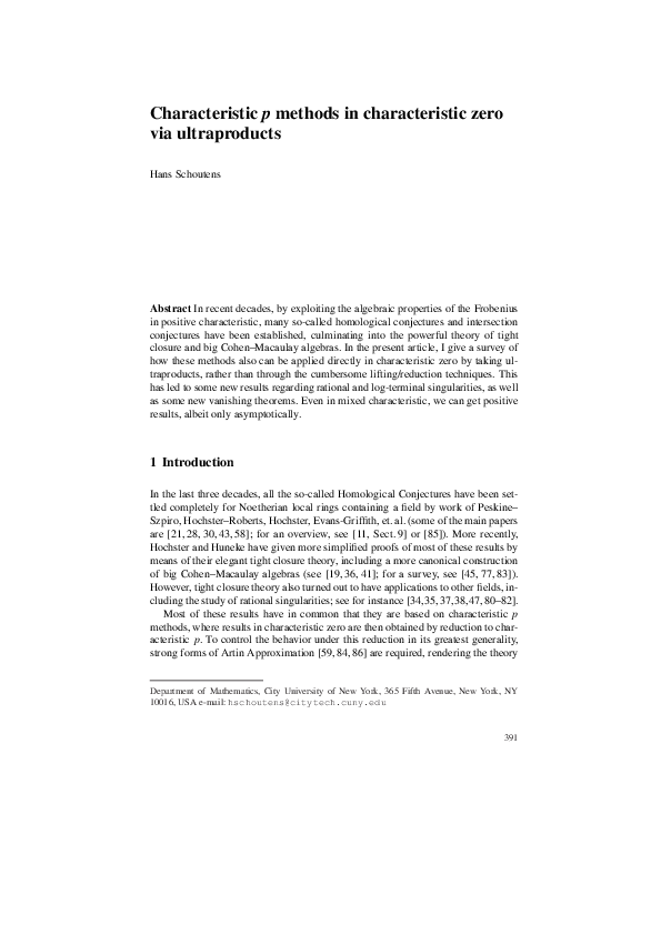 (PDF) Characteristic p methods in characteristic zero via ultraproducts