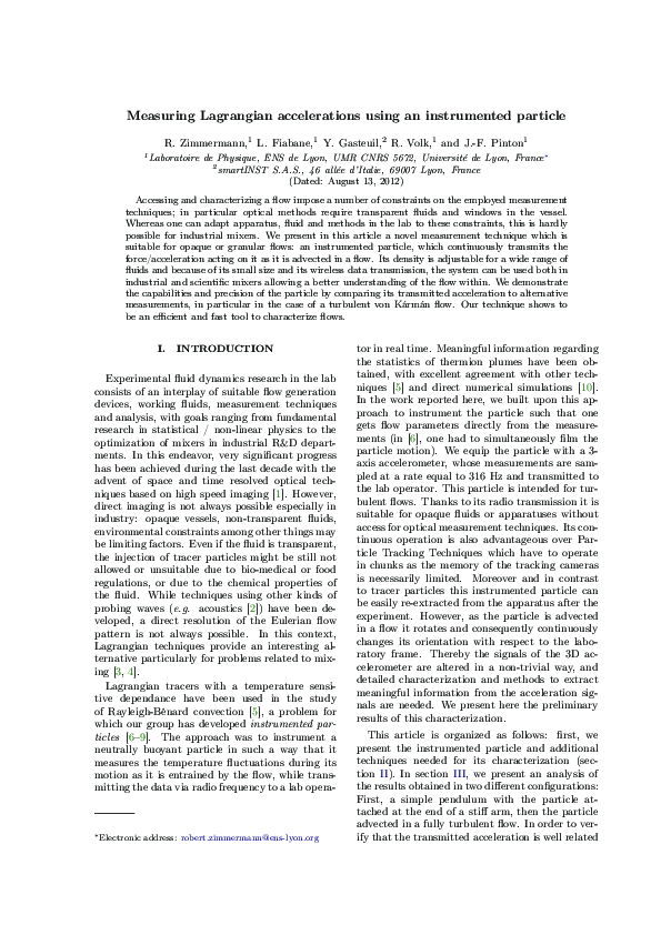 (PDF) Measuring Lagrangian accelerations using an instrumented particle | Romain Volk - Academia.edu