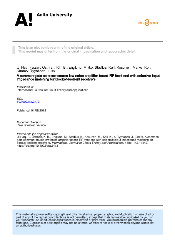 Pdf A Common Gate Common Source Low Noise Amplifier Based Rf Front End With Selective Input