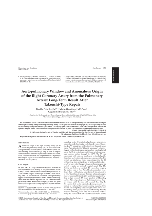 (PDF) Aortopulmonary Window and Anomalous Origin of the Right Coronary ...