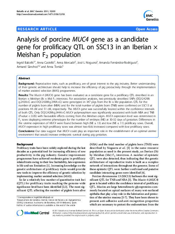 (PDF) MUC4 Gene's Role in Prolificacy QTL on SSC13 in Pigs