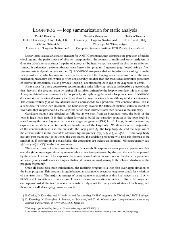Pdf Loopfrog Loop Summarization For Static Analysis S Tonetta