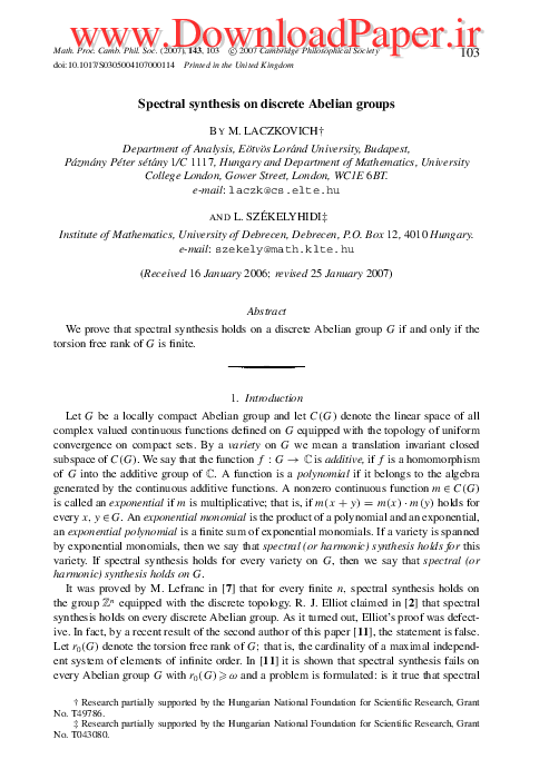 (PDF) Spectral synthesis on discrete Abelian groups