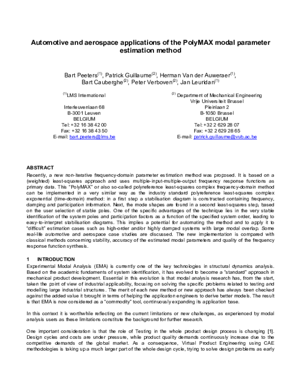 Pdf Automotive And Aerospace Applications Of The Polymax Modal Parameter Estimation Method