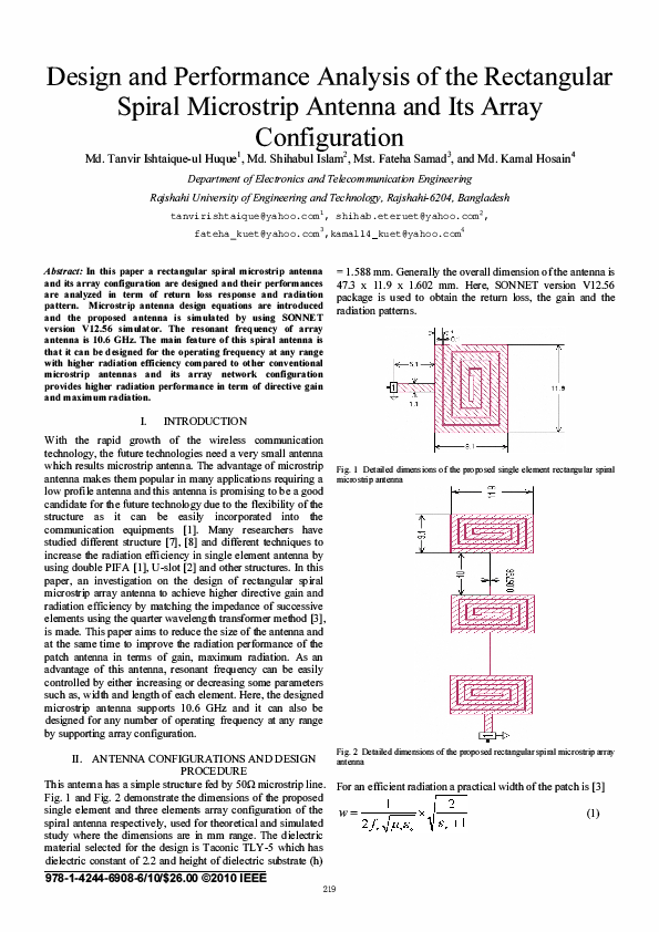 (PDF) Design and performance analysis of the rectangular spiral microstrip antenna and its array ...