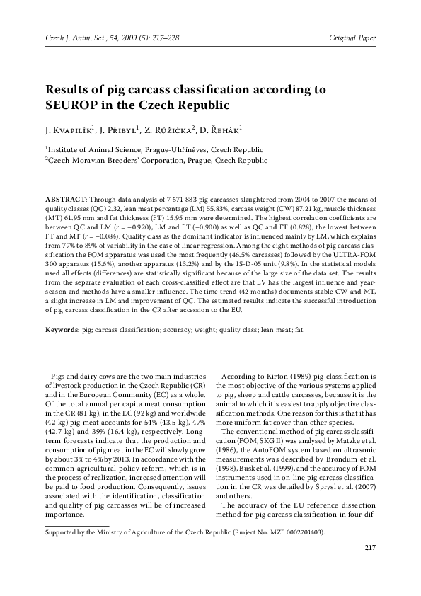 (PDF) Results of pig carcass classification according to SEUROP in the ...