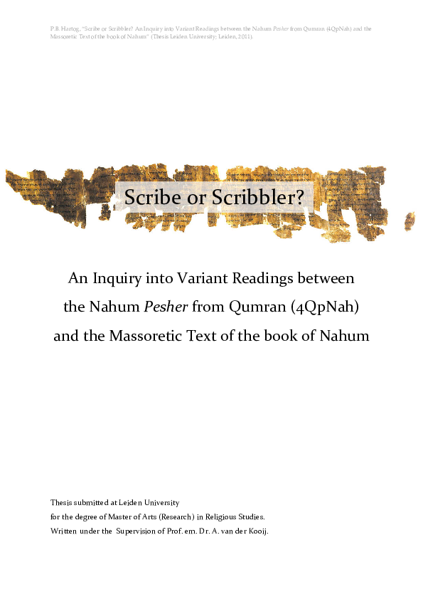 (PDF) Scribe or Scribbler? An Inquiry into Variant Readings between the Nahum Pesher from Qumran ...