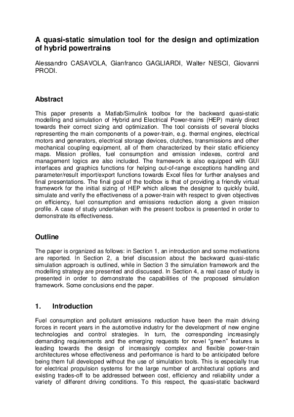 Pdf A Quasi Static Simulation Tool For The Design And Optimization Of Hybrid Powertrains