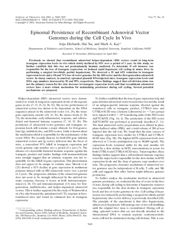 (PDF) Episomal Persistence of Recombinant Adenoviral Vector Genomes ...