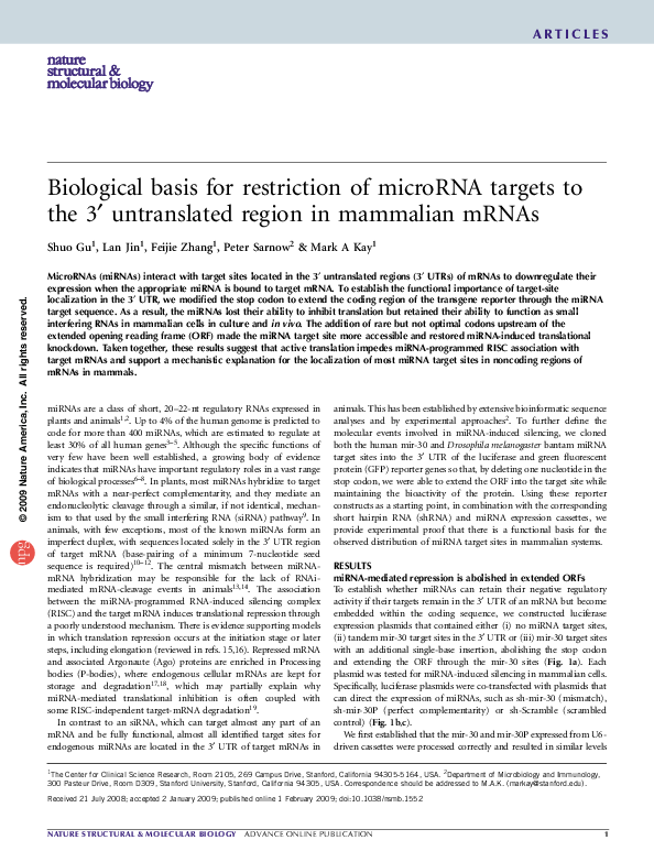 (PDF) Biological basis for restriction of microRNA targets to the 3 ...
