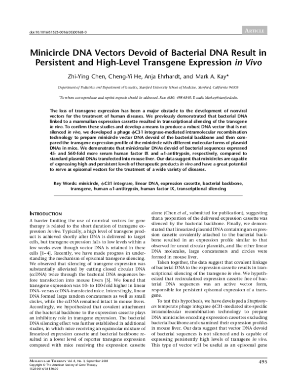 (PDF) Minicircle DNA vectors devoid of bacterial DNA result in ...