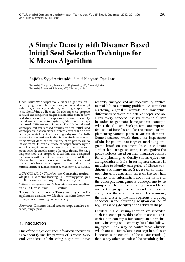 (PDF) A Simple Density with Distance Based Initial Seed Selection Technique for K Means Algorithm
