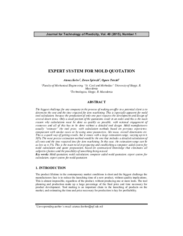 (PDF) Expert System for Mold Quotation