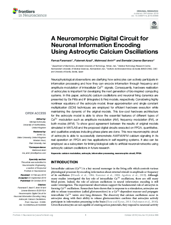 (PDF) A Neuromorphic Digital Circuit for Neuronal Information Encoding Using Astrocytic Calcium ...