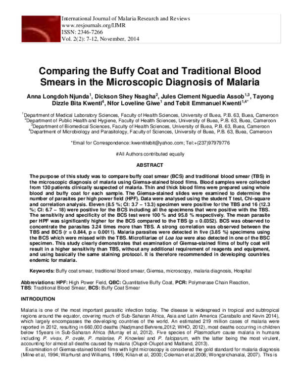 (PDF) Comparing the Buffy Coat and Traditional Blood Smears in the ...