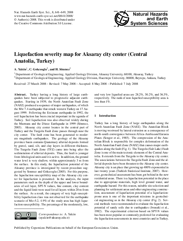 (PDF) Liquefaction severity map for Aksaray city center (Central ...