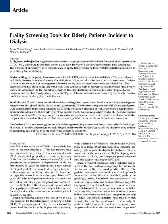 (PDF) Frailty Screening Tools for Elderly Patients Incident to Dialysis