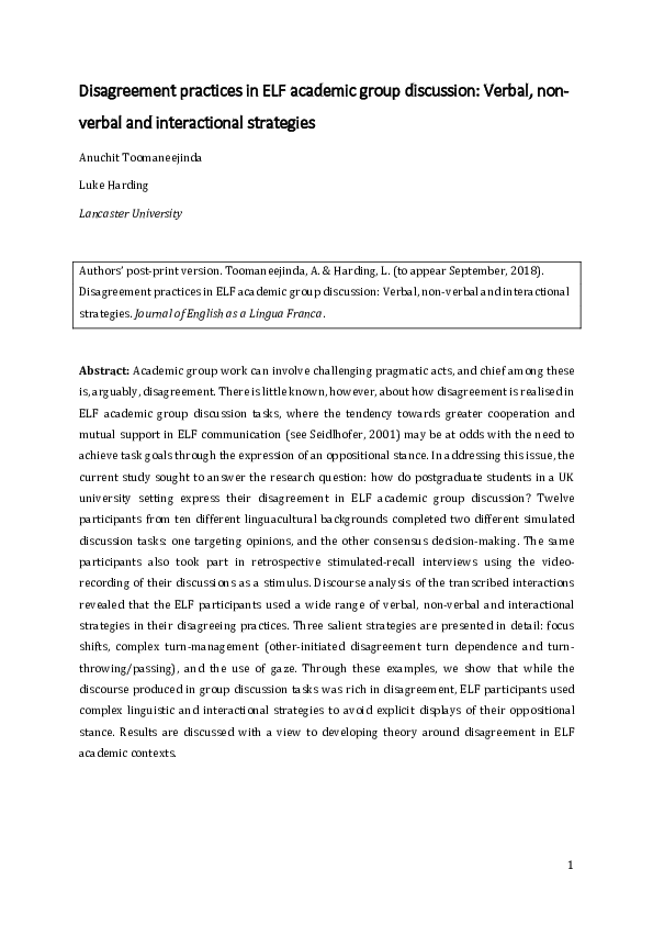 (PDF) Disagreement practices in ELF academic group discussion: verbal ...