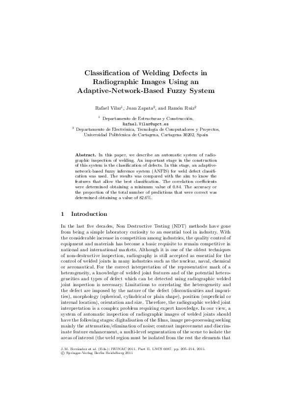 Pdf Classification Of Welding Defects In Radiographic Images Using An