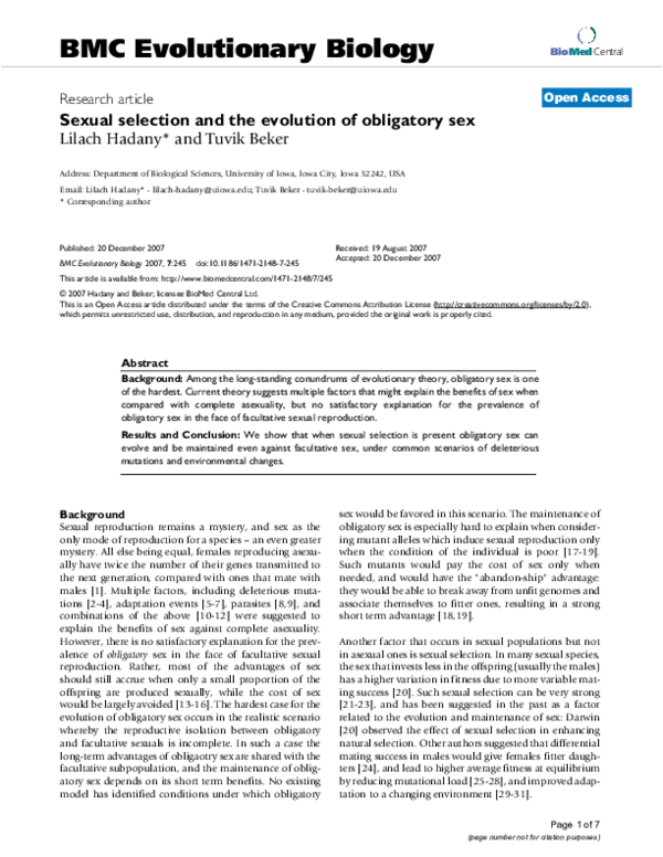 (PDF) Sexual selection and the evolution of obligatory sex