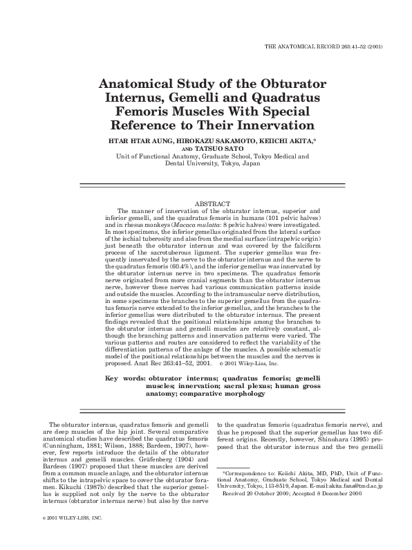 (PDF) Anatomical study of the obturator internus, gemelli and quadratus ...