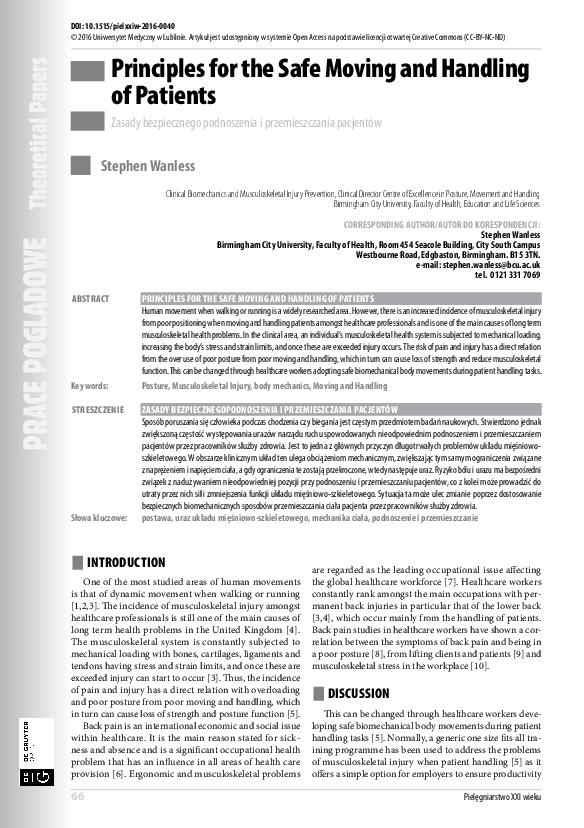 (PDF) Principles for the Safe Moving and Handling of Patients