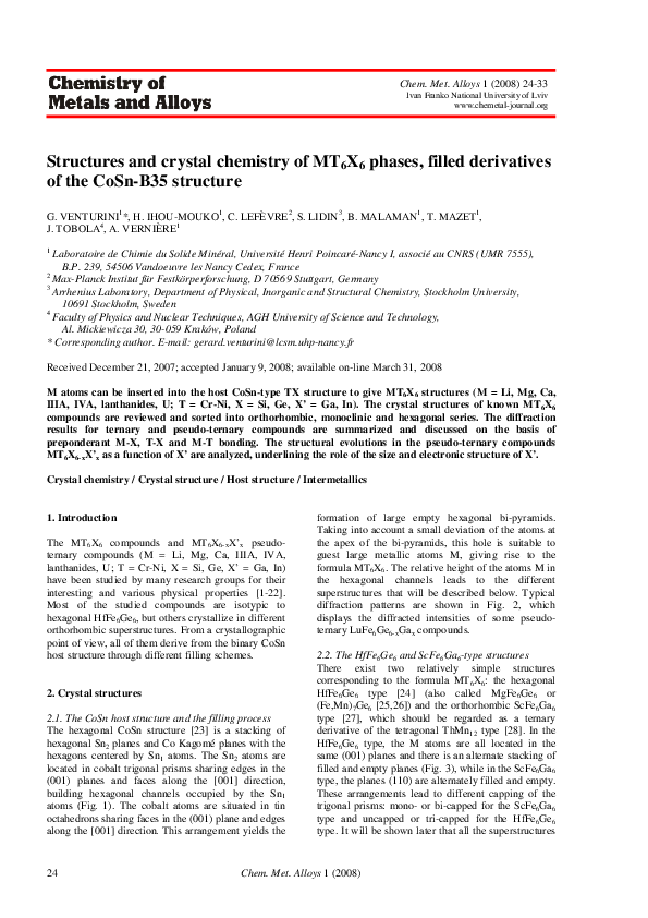(PDF) Structures and crystal chemistry of MT6X6 phases, filled ...