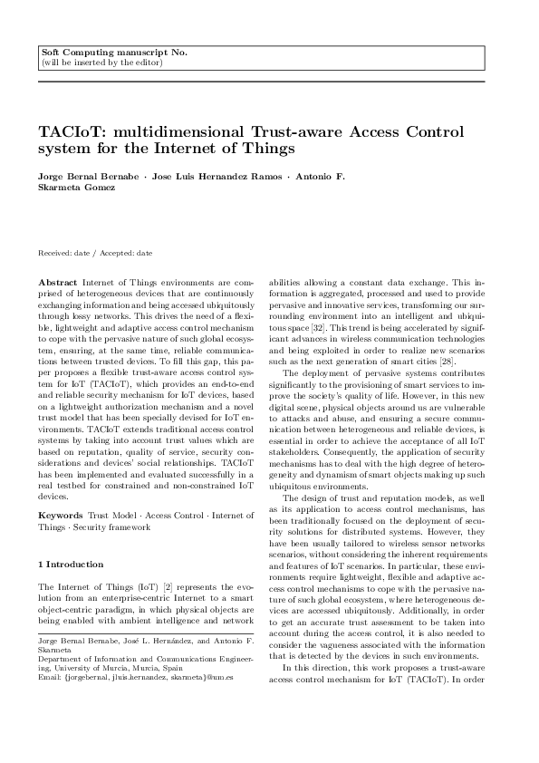 (PDF) TACIoT: multidimensional trust-aware access control system for the Internet of Things