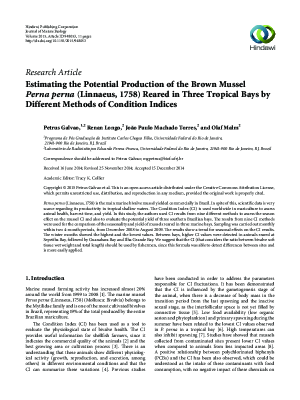 (PDF) Estimating the Potential Production of the Brown Mussel Perna ... (PDF) Estimating the Potential Production of the Brown Mussel Perna ...