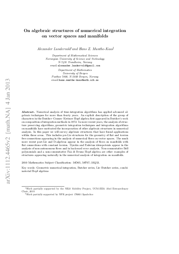 Pdf On Algebraic Structures Of Numerical Integration On Vector Spaces And Manifolds Hans