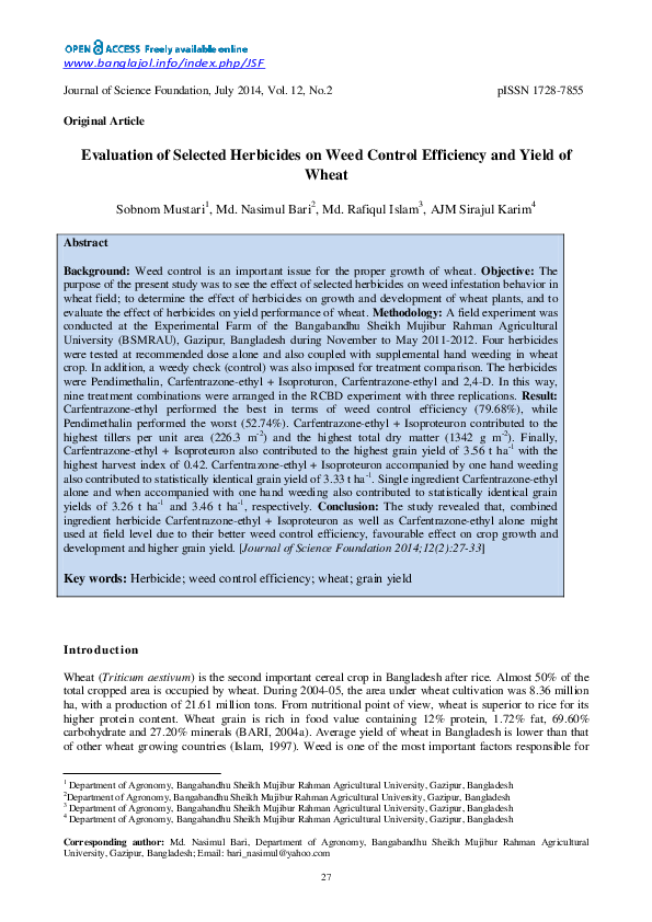 (PDF) Evaluation of Selected Herbicides on Weed Control Efficiency and ...
