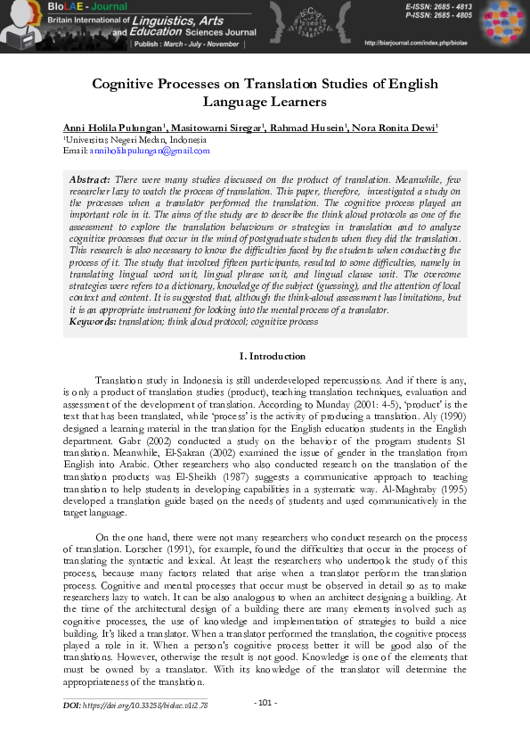 (PDF) Cognitive Processes on Translation Studies of English Language ...