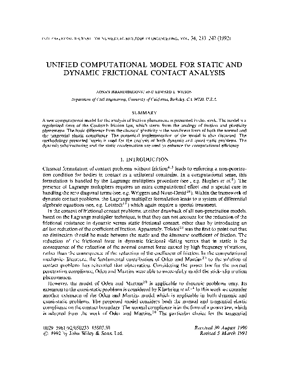 (PDF) Unified computational model for static and dynamic frictional contact analysis