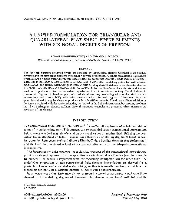 Pdf A Unified Formulation For Triangular And Quadrilateral Flat Shell Finite Elements With Six 6891