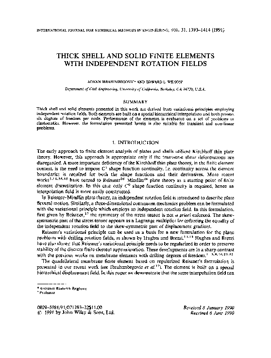(PDF) Thick shell and solid finite elements with independent rotation fields