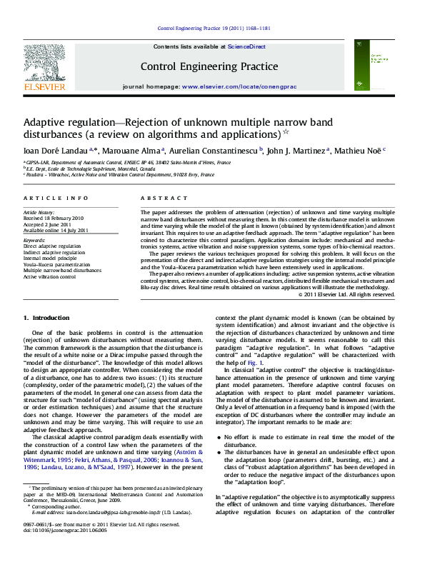 (PDF) Adaptive regulation—Rejection of unknown multiple narrow band disturbances (a review on ...