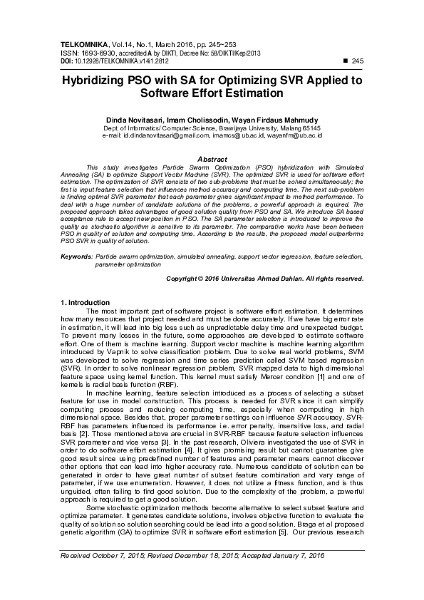 (PDF) Hybridizing PSO With SA for Optimizing SVR Applied to Software ...