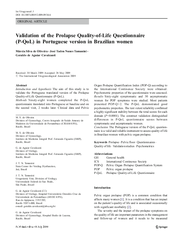 (PDF) Validation of the prolapse quality of life questionnaire (P-QOL ...