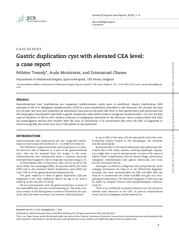 (PDF) Gastric duplication cyst with elevated CEA level: a case report