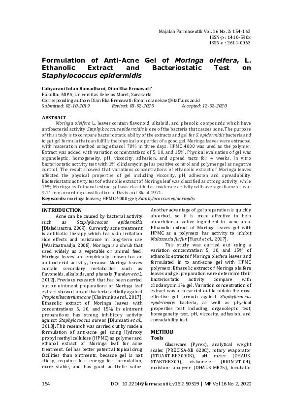(PDF) Formulation of Anti-Acne Gel of Moringa oleifera, L. Ethanolic Extract and Antibacterial ...