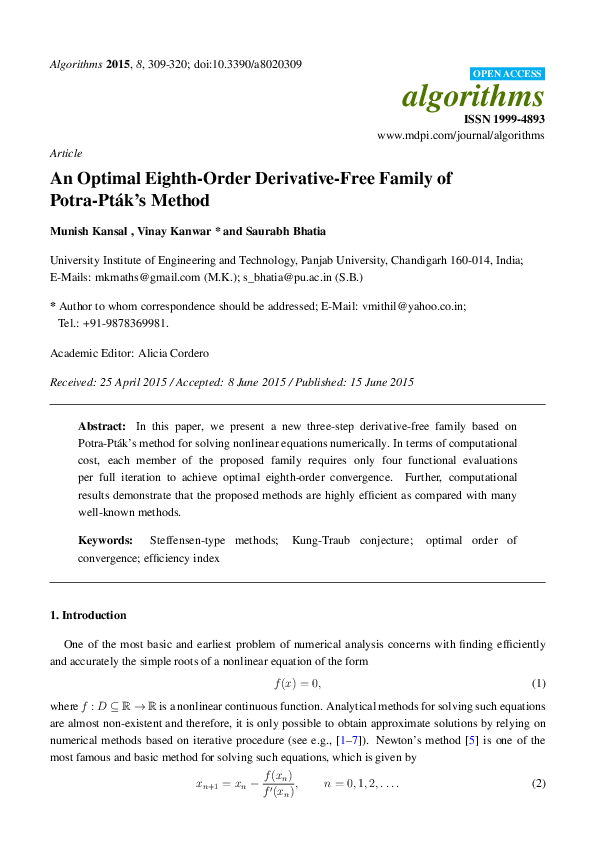 (PDF) An Optimal Eighth-Order Derivative-Free Family of Potra-Pták’s Method