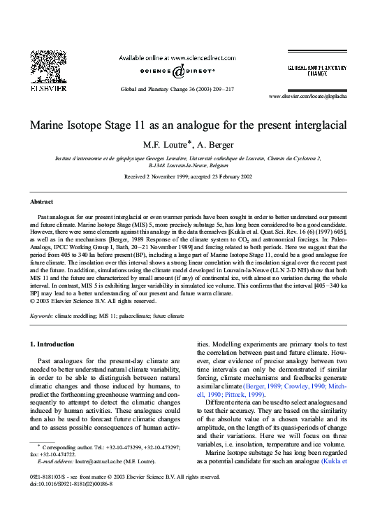 (PDF) Marine Isotope Stage 11 as an analogue for the present interglacial