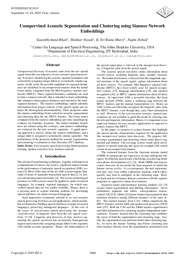 (PDF) Unsupervised Acoustic Segmentation and Clustering Using Siamese Network Embeddings ...