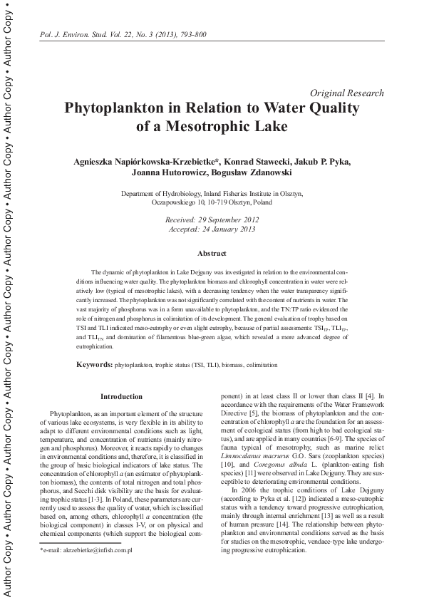 (PDF) Phytoplankton in relation to water quality of a mesotrophic lake