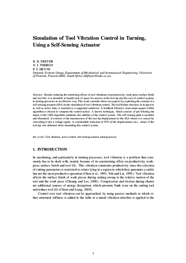 Pdf Simulation Of Tool Vibration Control In Turning Using A Self Sensing Actuator