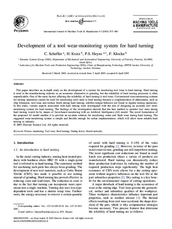 Pdf Development Of A Tool Wear Monitoring System For Hard Turning
