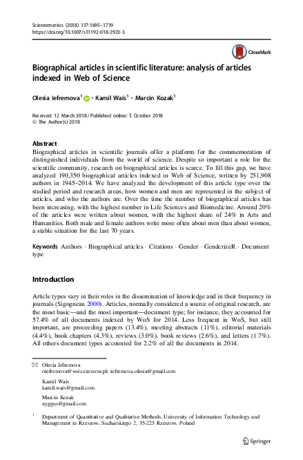 (PDF) Biographical articles in scientific literature: analysis of ...